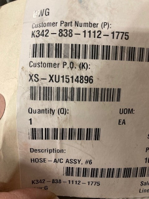 K342-838-1112-1775 HOSE ASSY-AIR CON R134A #6X1 – Wallwork Truck Parts